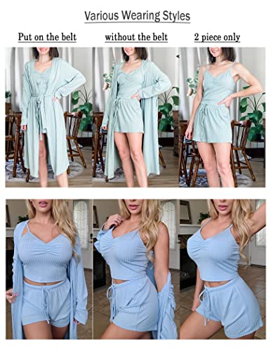 Ekouaer 3 Piece Pajama Set Women Cami Pjs with Shorts and Long Sleeve Cardigan Knit Lounge Outfits Green