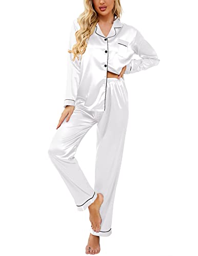 Ekouaer Long Pajama Set Women's Silk Sleep Set Button Up Long Sleeve Nightwear Plus Size Satin Pj Longs Set(02 White,XX-Large)