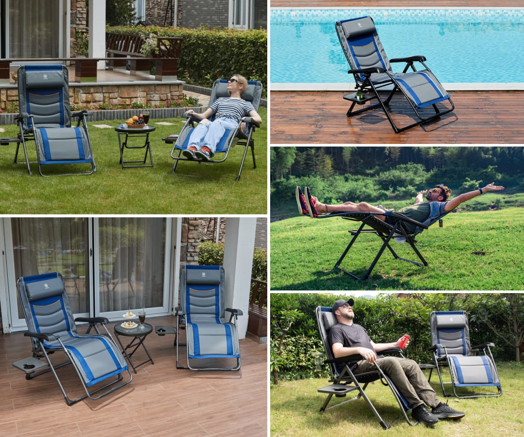 EVER ADVANCED Oversize XL Zero Gravity Recliner Padded Patio Lounger Chair with Adjustable Headrest Support 350lbs, Blue