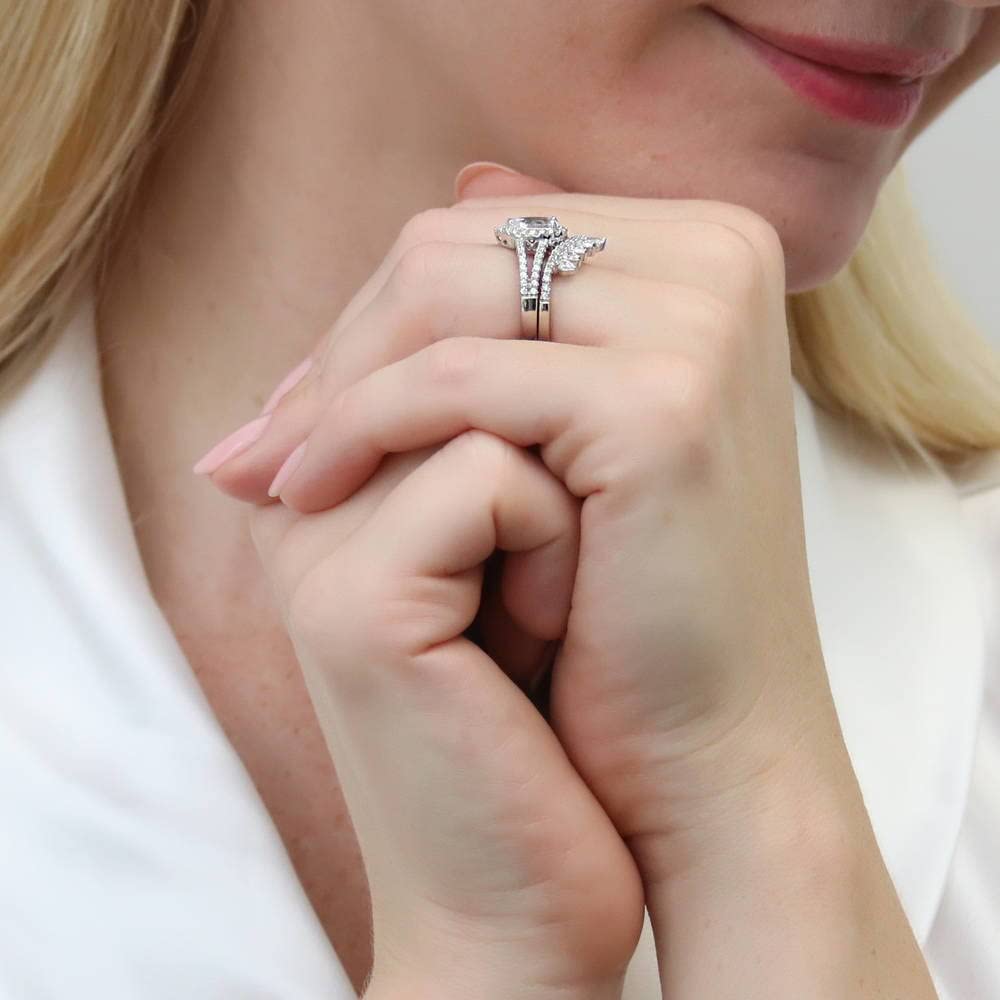BERRICLE Sterling Silver Halo Wedding Engagement Rings Pear Cut Cubic Zirconia CZ Split Shank Ring Set for Women, Rhodium Plated Size 6