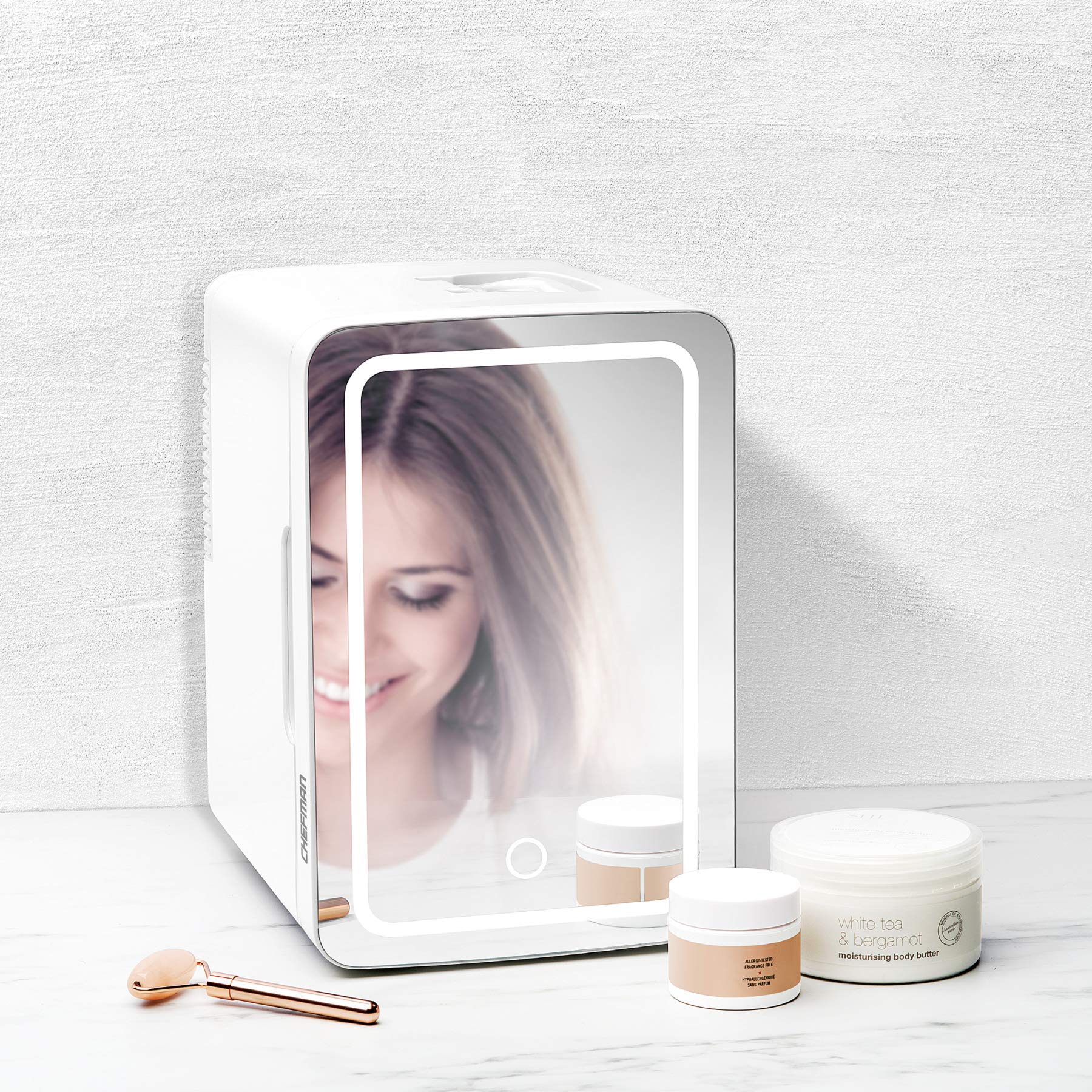 Chefman - Iceman Mirrored Beauty Fridge With LED Lighting, 6L Portable White Mini Refrigerator, Skin Care, Makeup Storage, Chill Cosmetics & Face Masks, Small For Desktop Or Travel, Cool & Heat