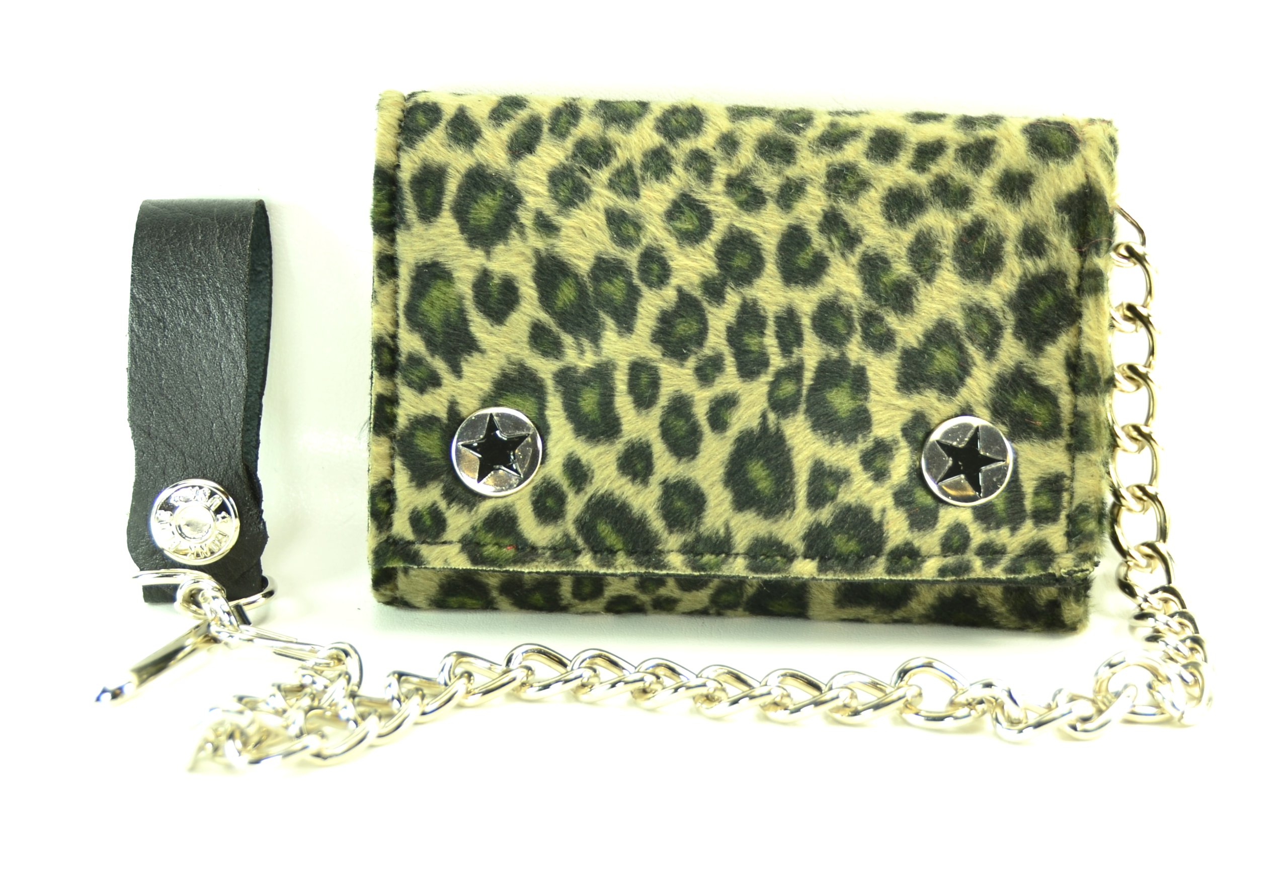Fuzzy Leopard Tri-fold Bikers Wallet with 16" Chain Green