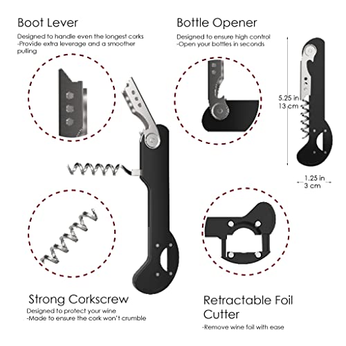 Houseables Boomerang Wine Opener, Corkscrew, 5 1/4”, Black, Cork Screw, No Blade, Foil Cutter, 3 in 1, for Waiters, Servers, Sommelier, Restaurant, Open Bottles, Beer, Multi Use, Compact