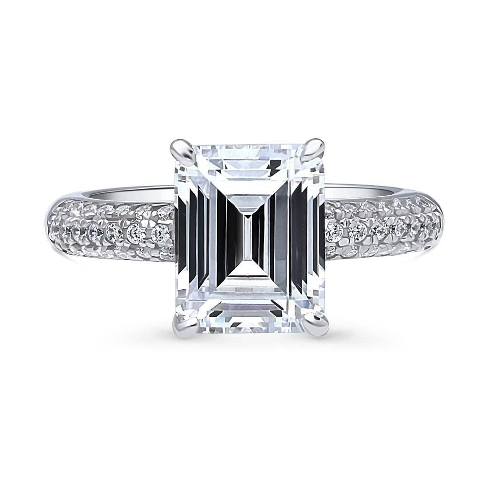 BERRICLE Sterling Silver Solitaire Wedding Engagement Rings 3.8 Carat Emerald Cut Cubic Zirconia CZ Cocktail Ring for Women, Rhodium Plated Size 6