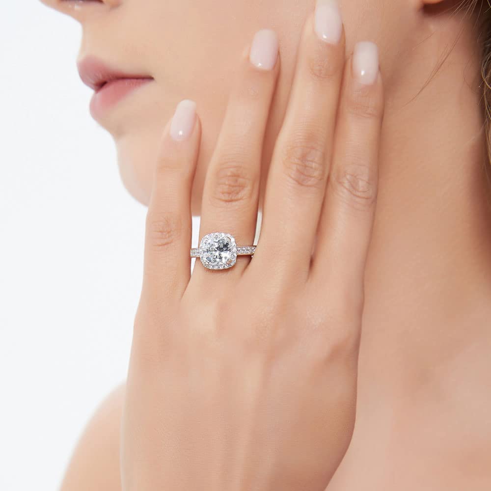 BERRICLE Sterling Silver Halo Wedding Engagement Rings Cushion Cut Cubic Zirconia CZ Ring for Women, Rhodium Plated Size 8