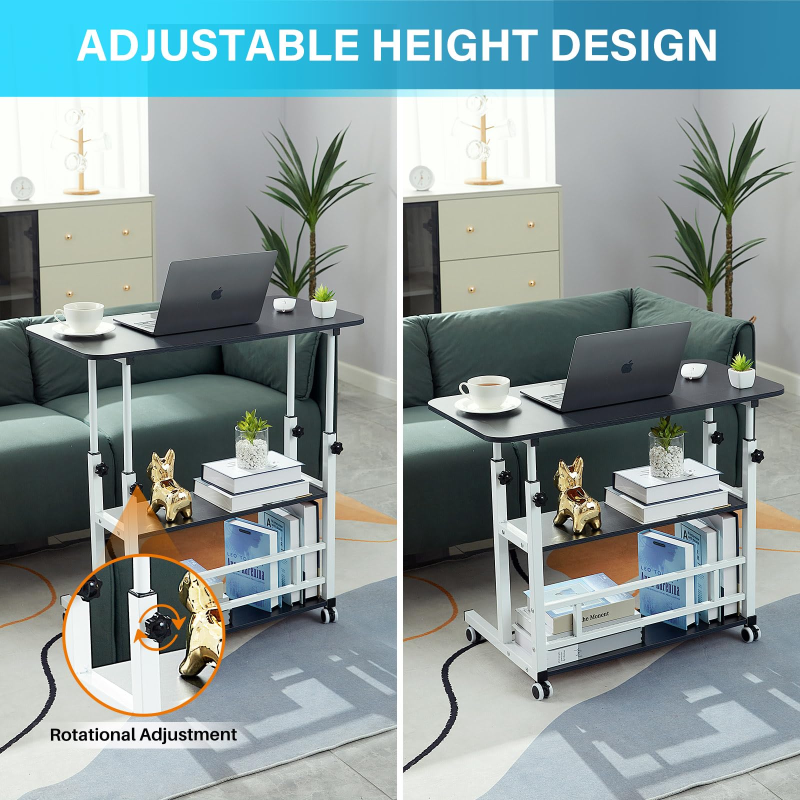 BYMECOST Adjustable Height Student Computer Desk, Mobile Portable Laptop Table for Home Office, 31.5" Small Spaces Standing Desk with Storage for Bedside Study Work Game on Wheels