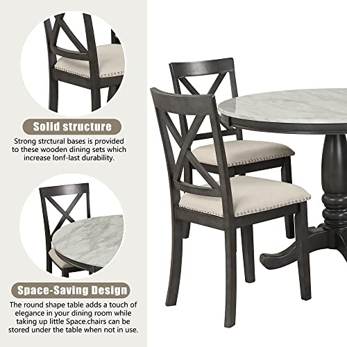 GODAFA 5-Piece Dining Set Top Round Table and X Back Wood Chairs for Kitchen (Seats 4), Marble Gray