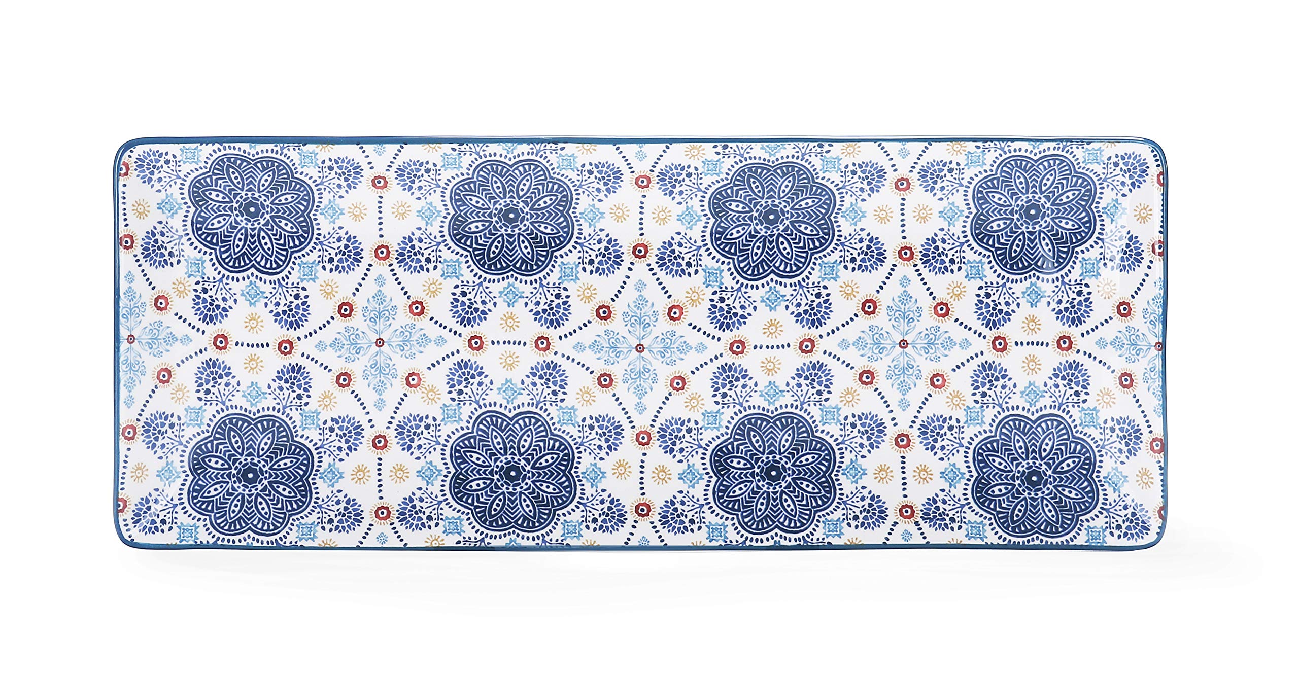 Bico Blue Talavera Ceramic 14 inch Rectangular Serving Platter, Set of 2, for Serving Salad, Pasta, Cheese, Ham, Appetizer, Microwave & Dishwasher Safe