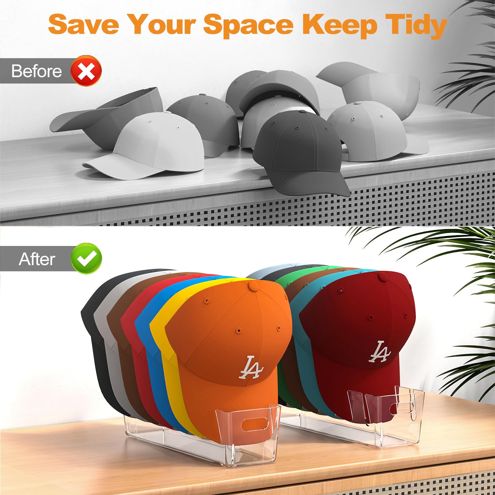 TMVAP 2024 New Hat Stand for Baseball Caps Display and Organizer-2 Pack No Install Acrylic Hat Organizer for 14 Baseball Caps Storage, Hat Racks Storage for Bedroom, Closet, Dresser,Entrance (Clear)