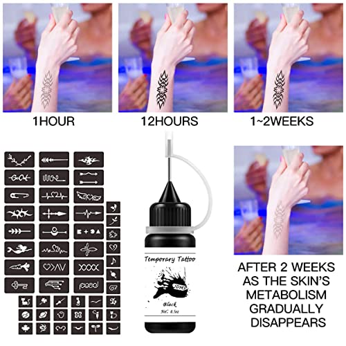 Brown Temporary Tattoo Kit, 4 Bottles Temporary Tattoo Ink with 84 Adhesive Tattoo Stencils, Body Tattoo Markers DIY Tattoos Temp for Men Women