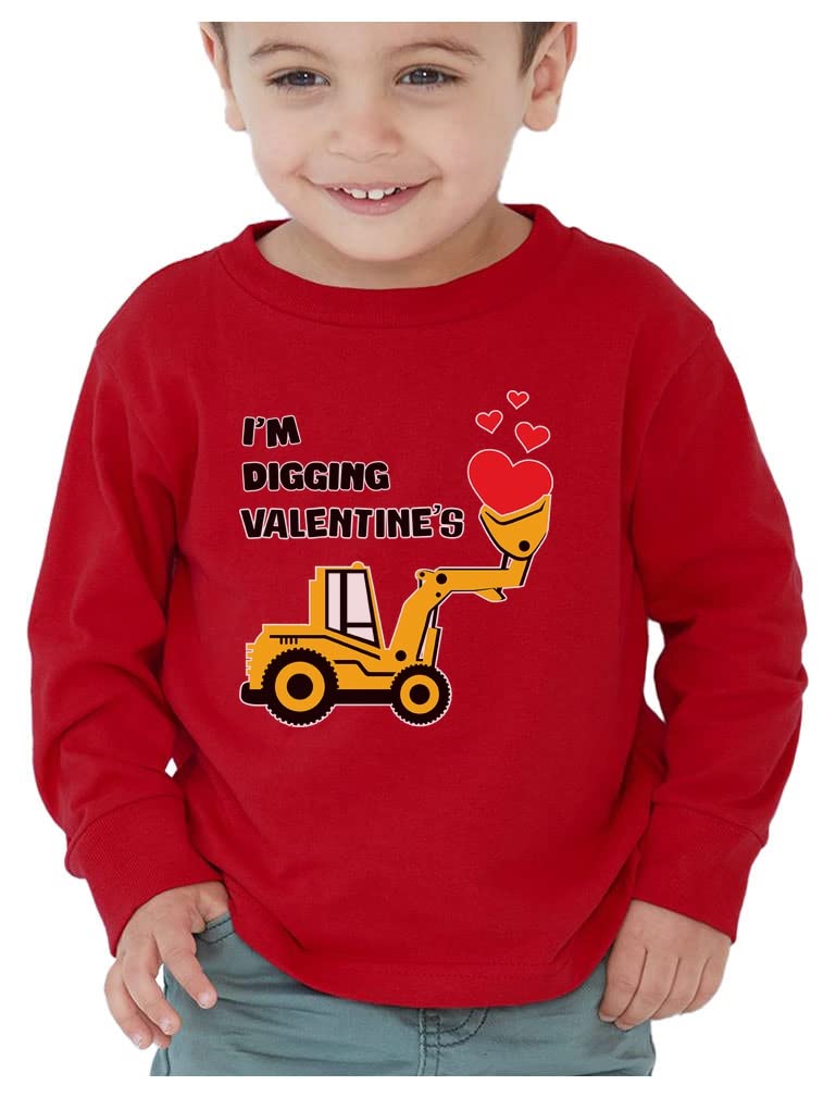 Tractor & Digger Toddler Boys Valentines Shirt Heart Dab Funny Valentine's Day Kids Long Sleeve T-Shirt for Toddlers 3T Red