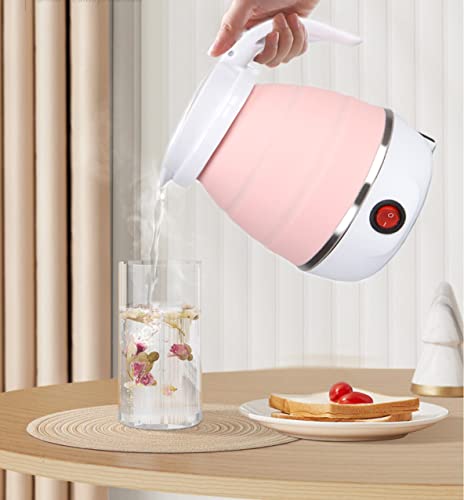 Travel Kettle Electric Small Foldable Portable Kettle,Silicone Collapsible Heating Water Boiler Tea Pot for Camping,Easy for Storage with Separable Power Cord (Pink)