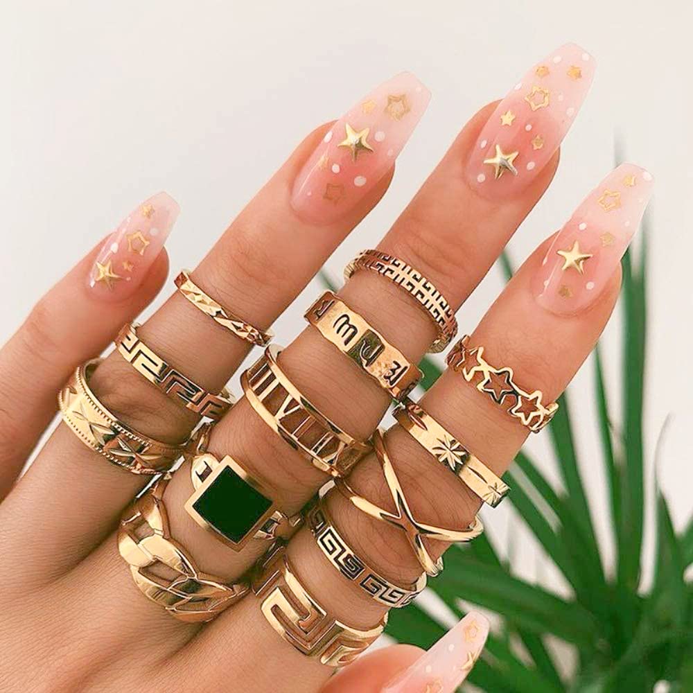 AWEOFR 59PCS Knuckle Rings Set for Womens Girls,Boho Stackable Midi Finger Ring Set,Stars Moon Waves Mountain Peaks Crystal Turquoise Gold&Silver Joint Rings (Gold-59pcs)
