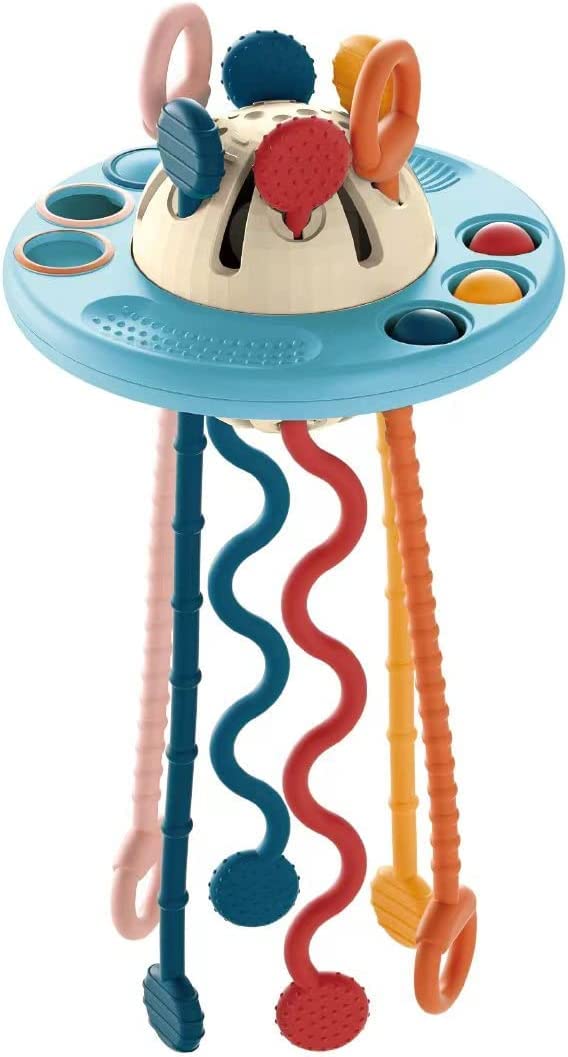 DDUBSUT Montessori Baby Toys 6 to 12 Months, UFO Silicone Pull String Interactive Toys, Travel Toys for Teething Toddlers, Exercise The Baby's Finger Fine Motor