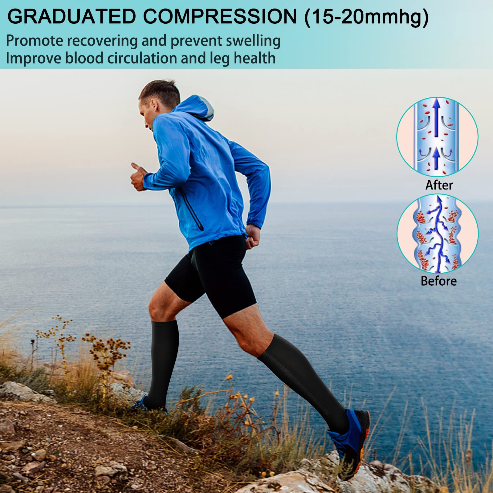 Athbavib 2 Pairs Zipper Compression Socks, 15-20 mmHg Closed Toe Compression Stocking with Zipper for Women and Men