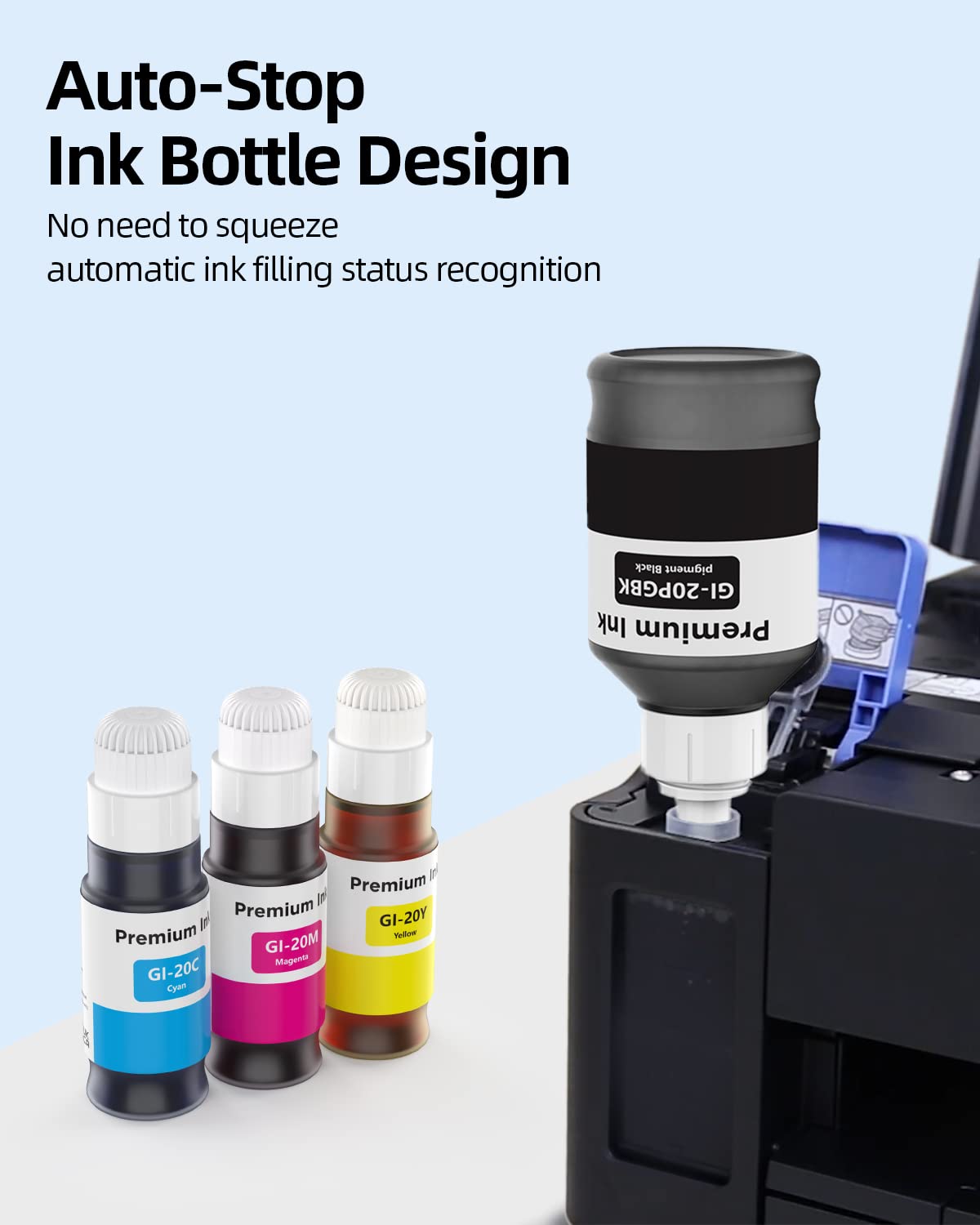 Compatible GI-20 GI20 Ink Bottles Refills Kit,High Yield,Replacement for Canon PIXMA G7020 PIXMA G6020 PIXMA G5020 MegaTank Printers,170mL Black Ink Refill, 70mL Cyan Magenta Yellow,4 Pack