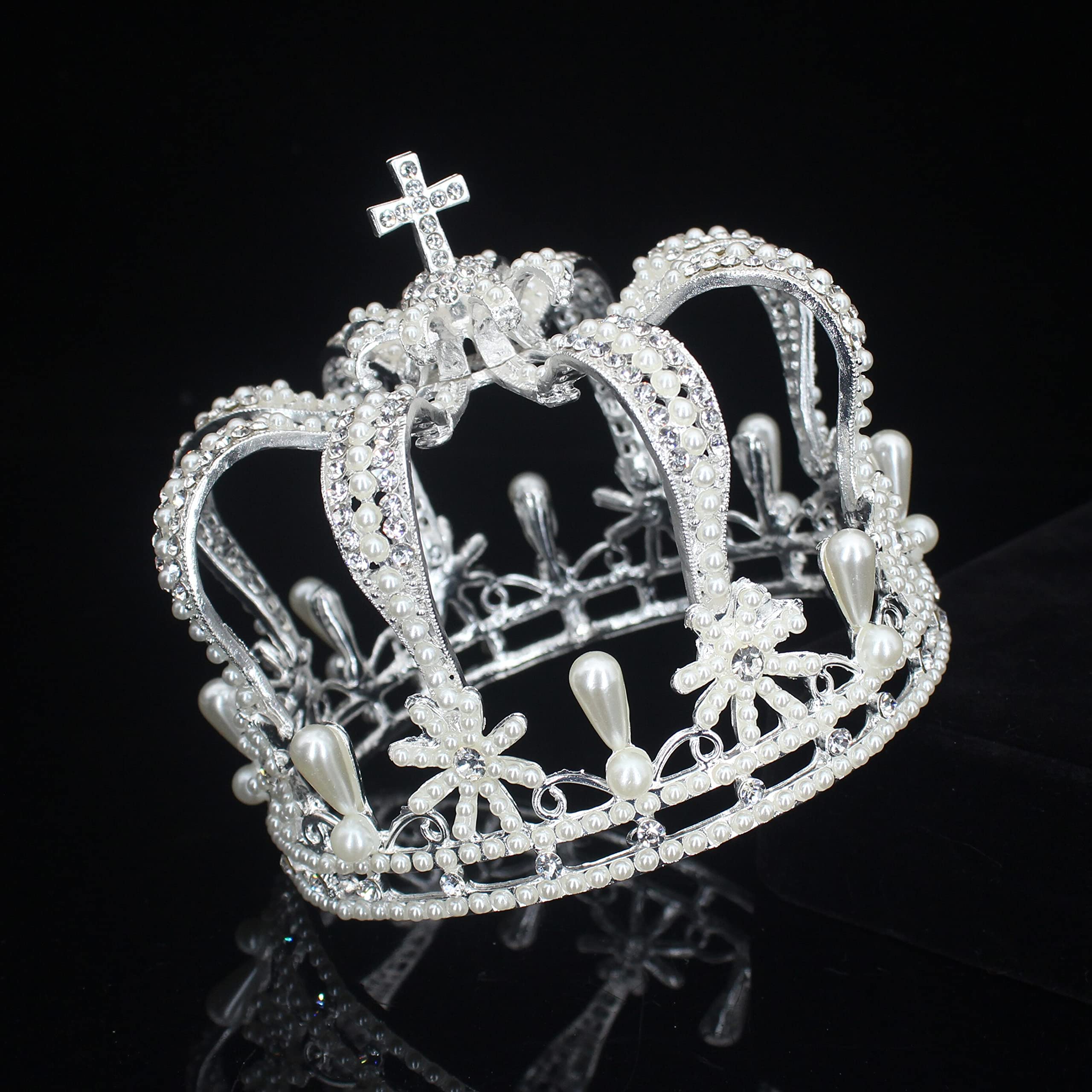 BIEMBI Hair Jewelry Crown Tiaras for Women Cross Crown Baroque Bridal Wedding Crown Royal King Tiara Birthday Hair Jewelry Accessories Prom Pageant (Color : Crown 03 Silver)