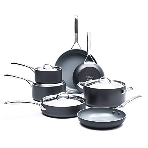 GreenPan Paris Pro Hard Anodized Healthy Ceramic Nonstick, 11 Piece Cookware Pots and Pans Set, Grey & Prime Midnight Hard Anodized Healthy Ceramic Nonstick, 5QT Saute Pan Jumbo Cooker, Black