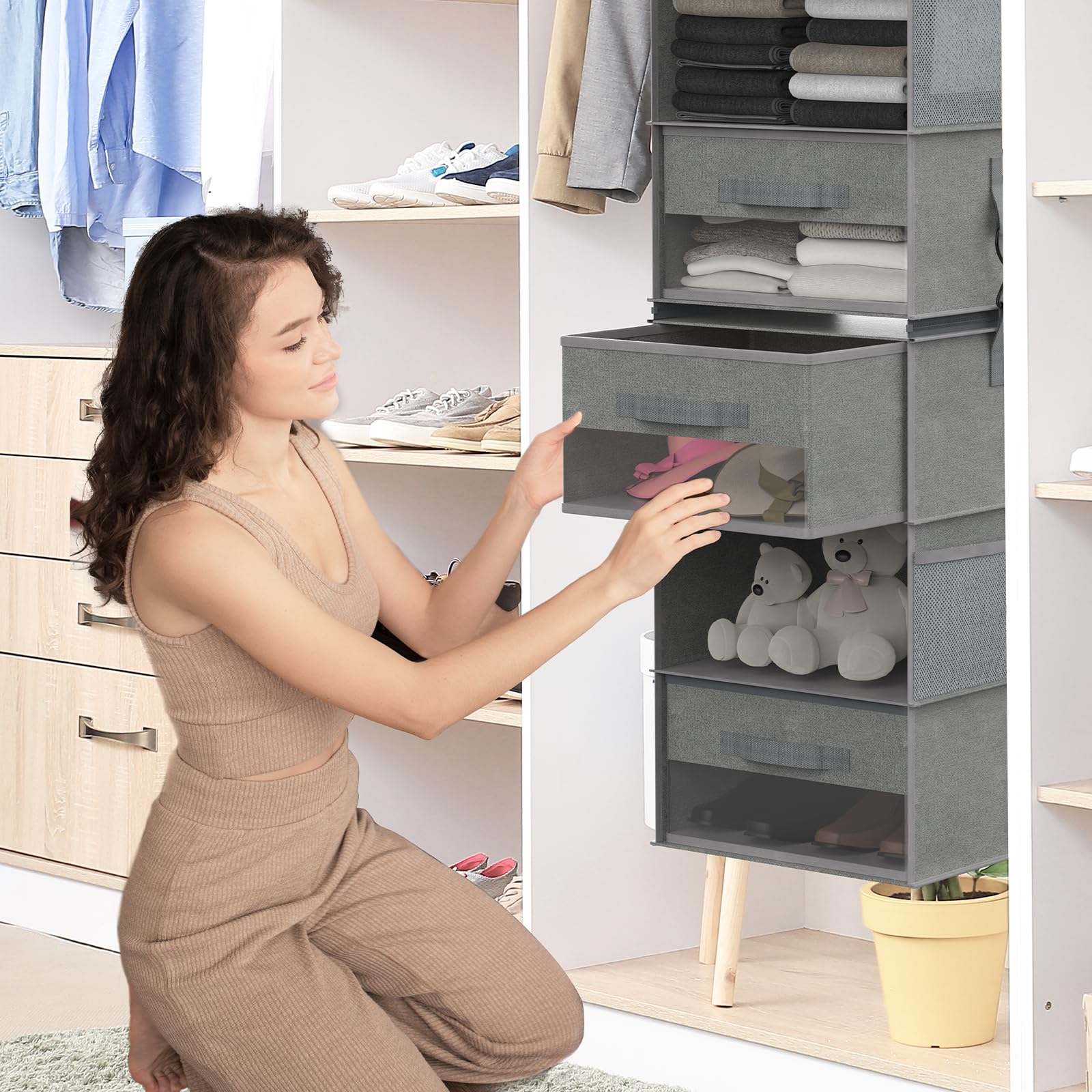 CHILIGO 6-Shelf Hanging Closet Organizer and Storage, Foldable Closet Hanging Organizer, Two 3-Shelf Separable Closet Hanging Shelves with 3 Transparent Drawers 4 Side Pockets
