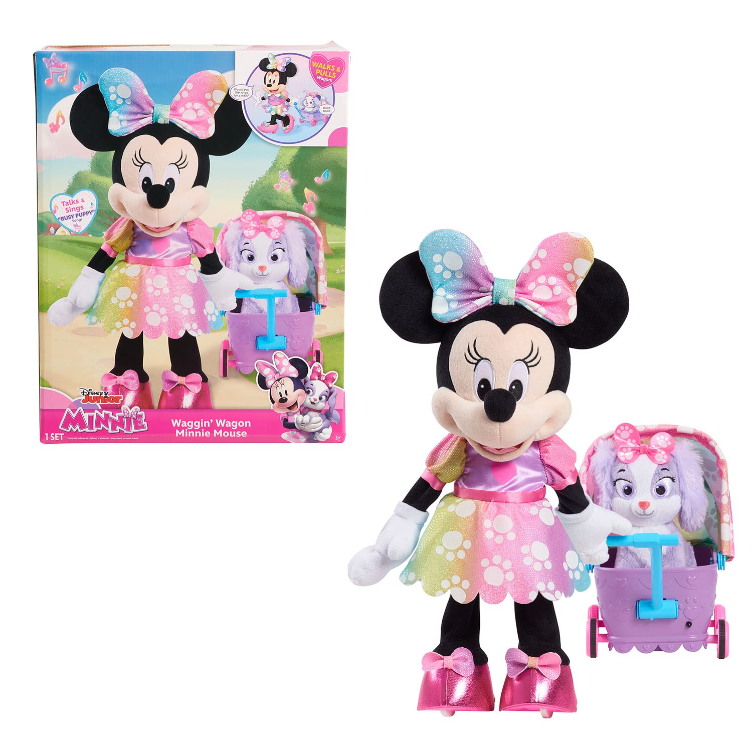 Just Play Disney Junior Minnie Mouse Waggin’ Wagon Lights and Sounds Feature Plush, Kids Toys for Ages 3 Up