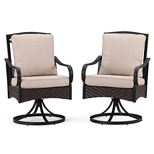 Sophia & William Patio Swivel Chairs Set of 2, Large & Padded Outdoor Dining Chairs with Heavy Duty Metal Frame Support 350LBS,Gentle Rocker Chair for Garden Porch Lawn, Beige