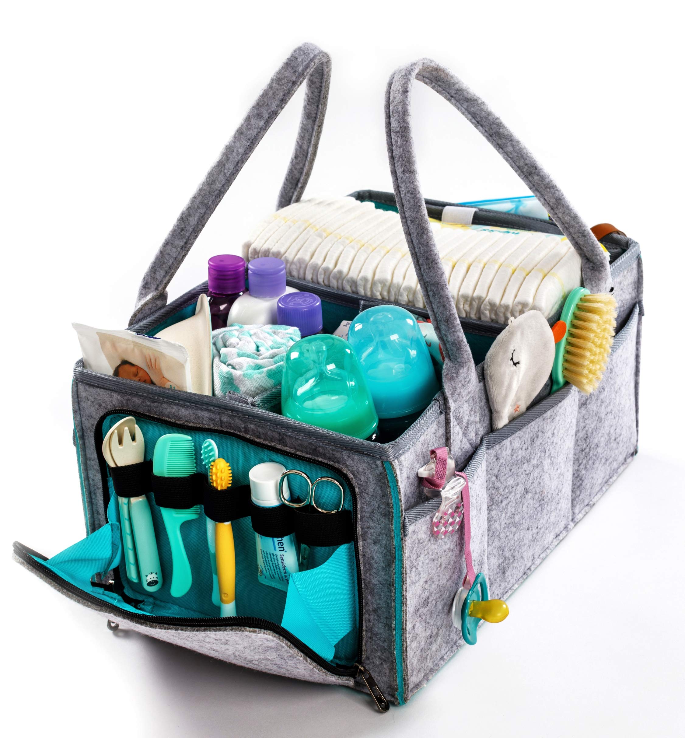 Baby Diaper Caddy Organizer with Zipper Pocket Heavy Duty Felt/Portable Nursery and Toy Storage/Car Basket