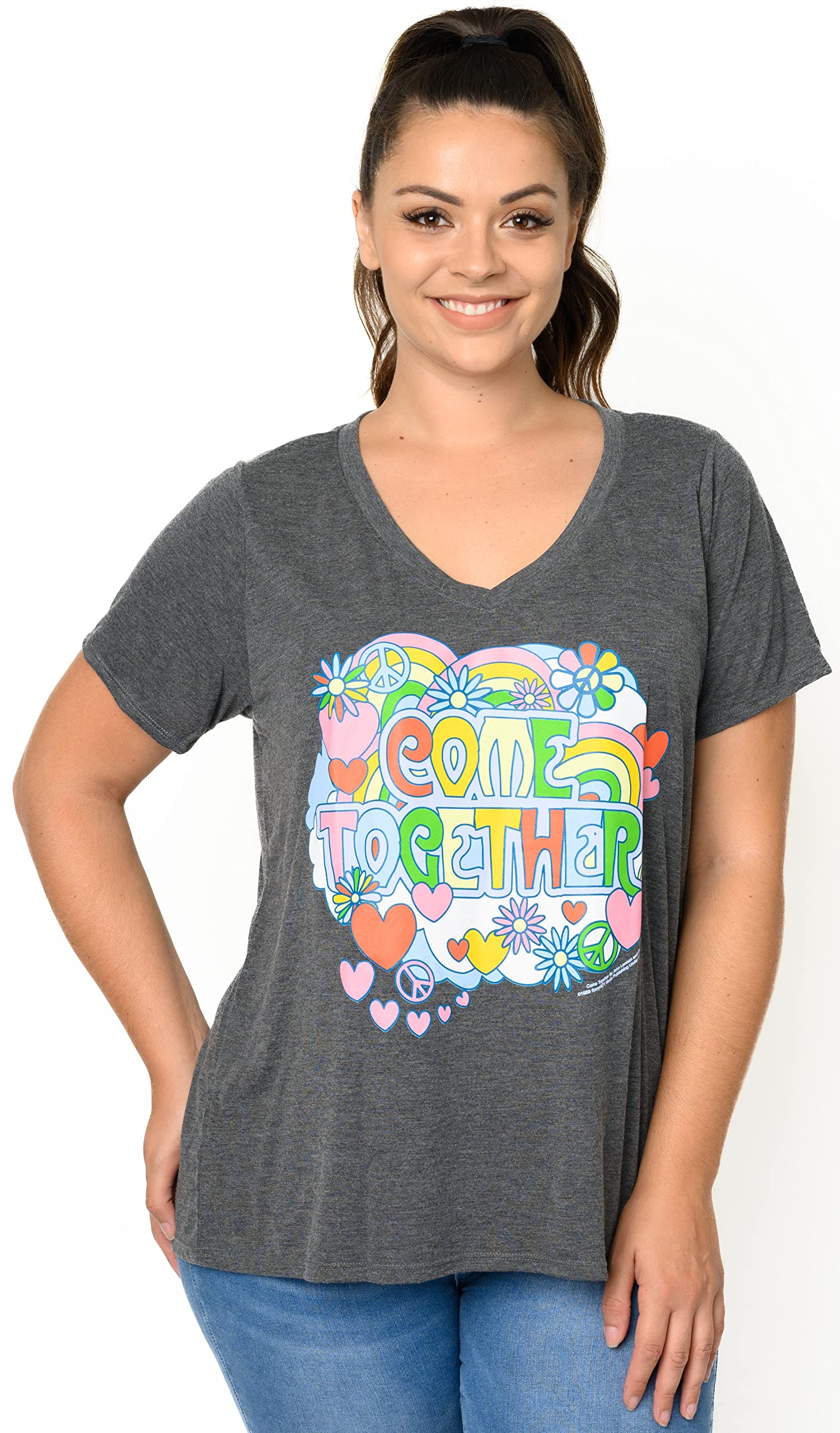 Beatles Plus Size Womens T-Shirt V-Neck Come Together Vintage Print (Charcoal, 4X)