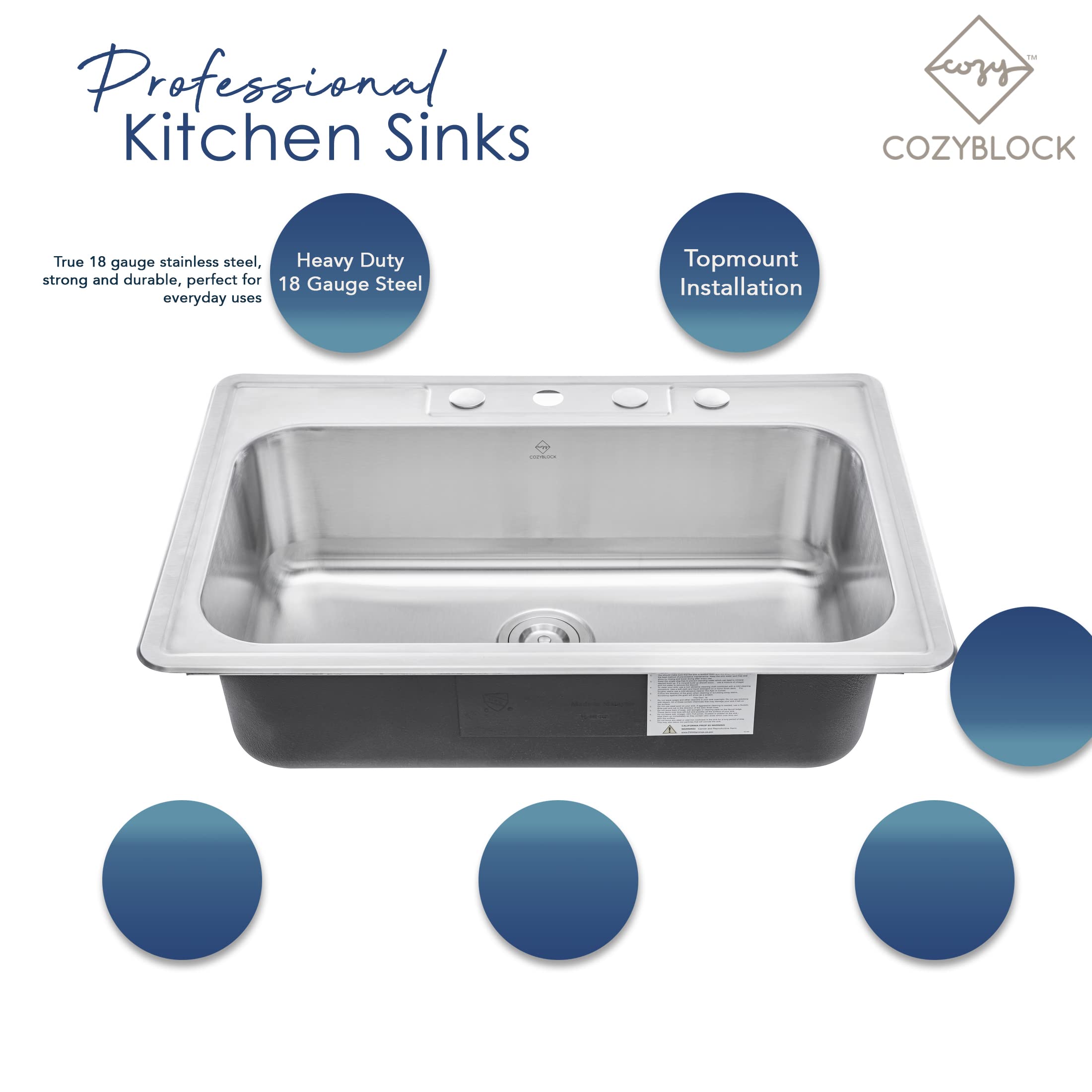 CozyBlock 33 x 22 x 9 Inch 60/40 Offset Top-mount/Drop-in Stainless Steel Double Bowl Kitchen Sink with Strainer and Protective Bottom Grid - 18 Gauge Stainless Steel-3 Faucet Hole