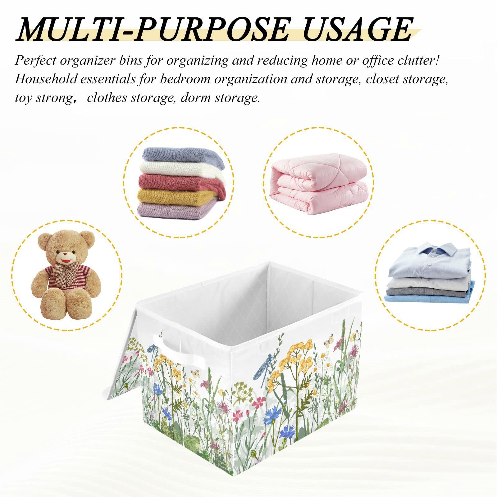 JUMBEAR Herbs Wild Flower Rectangular Storage Bin with Lid and Handle, Collapsible Toys Clothes Storage Basket Organizer for Closet, Office, Nursery, Home Decor