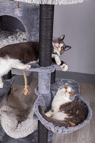 Catry Babylon Cat Tree - A Dynamic Complex Cat Tower with Cat Hammock, Scratching Post, and Playful Toys Invariably Trap Kitten to Stay Around This Easy Assembled Sturdy Cat Furniture, Classic Grey