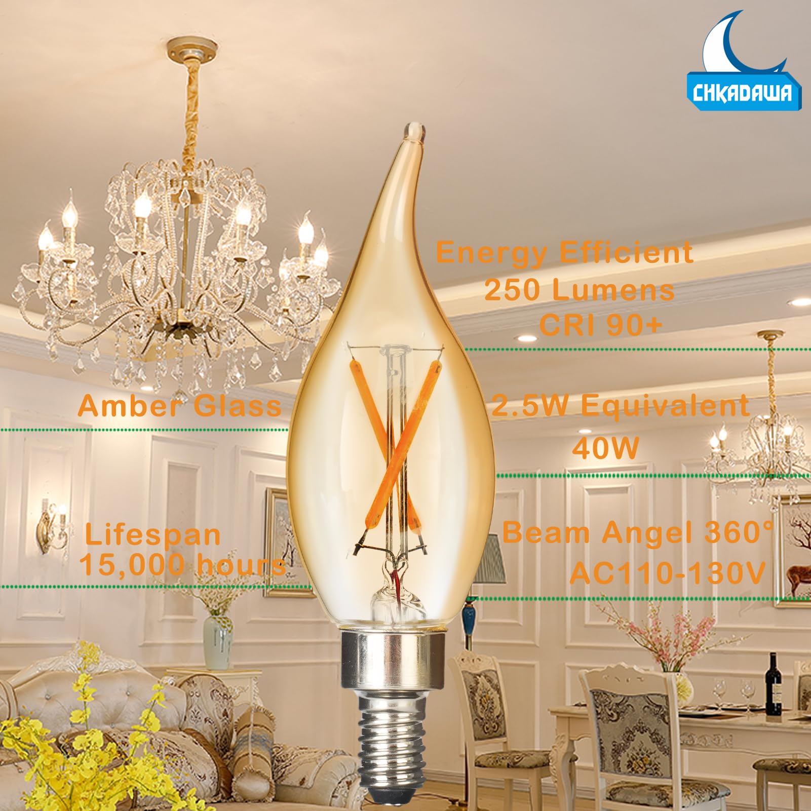 CHKADAWA 12 Pack E12 Dimmable Amber Candelabra Light Bulbs, Flame Tip 40 Watts Equivalent, Chandelier Light Bulbs CA11, Vintage Candle LED Bulb, Warm White 2200K, CRI 90+