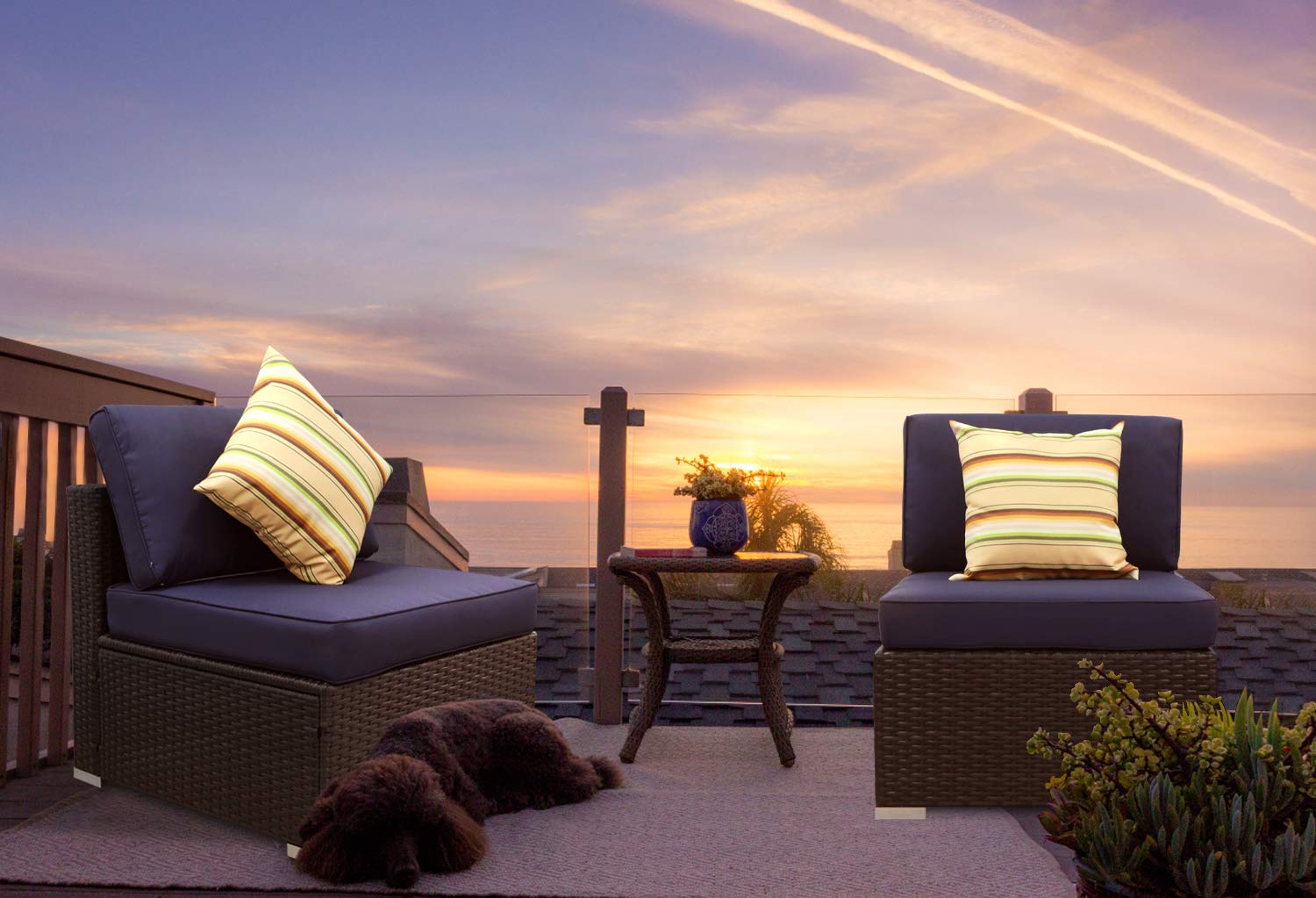 Excited Work 2 Piece Outdoor PE Wicker Rattan Patio Couch with Washable Cushion and 2 Pillow,Sectional Furniture Conversation Set(Dark Blue)