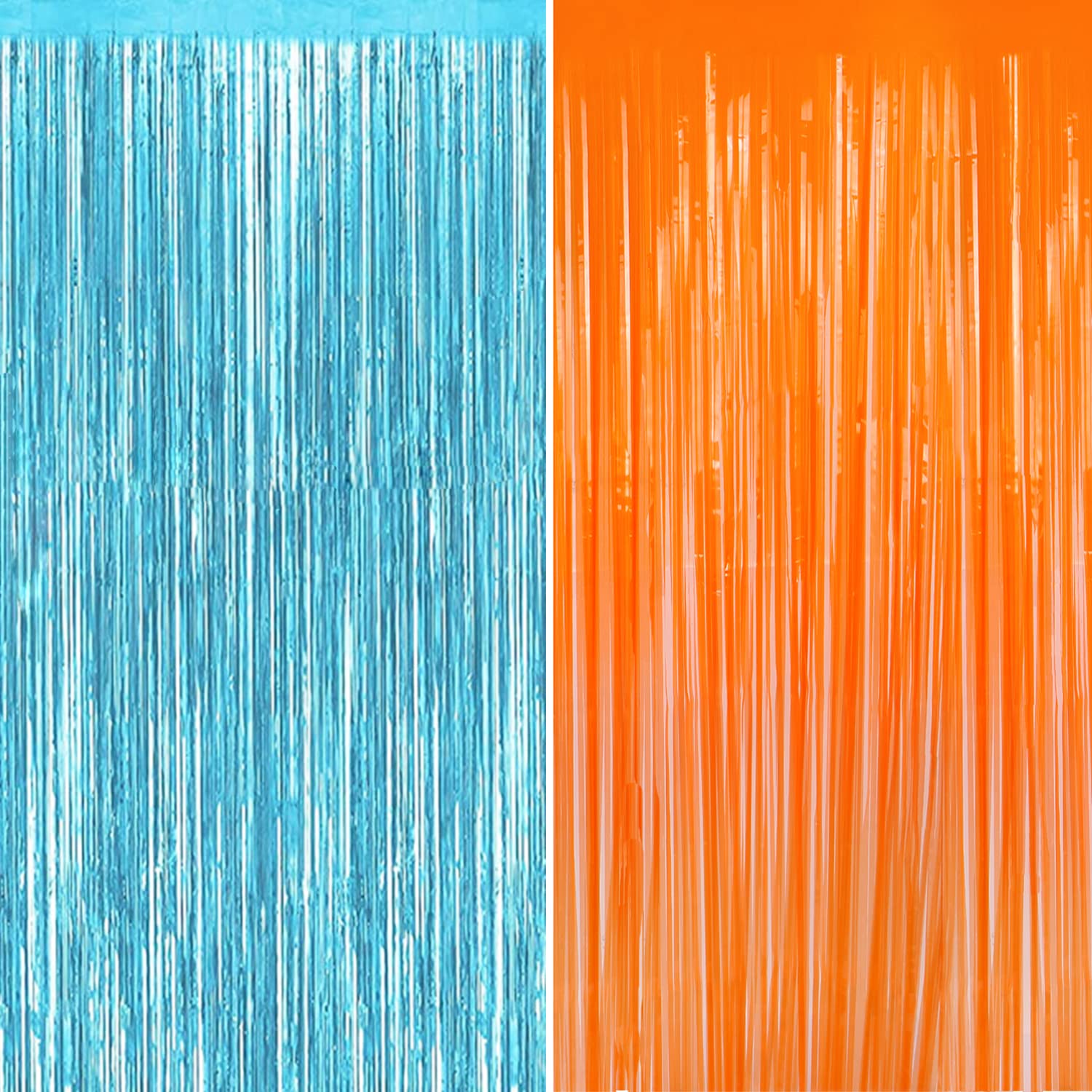 MIKIMIQI 2 Pack Blue Orange Foil Metallic Fringe Curtains for Party Decorations Blue Orange Curtain Backdrop Streamer for Birthday Party Dart War Party Supplies Party Decors, 3.25ft x 6.5ft x 2pcs