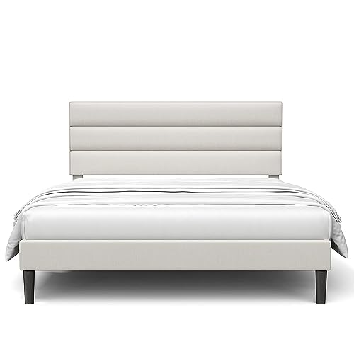 BONSOIR Queen Size Beige Color Modern Low Profile Upholstered Bed Frame with Tufted Headboard