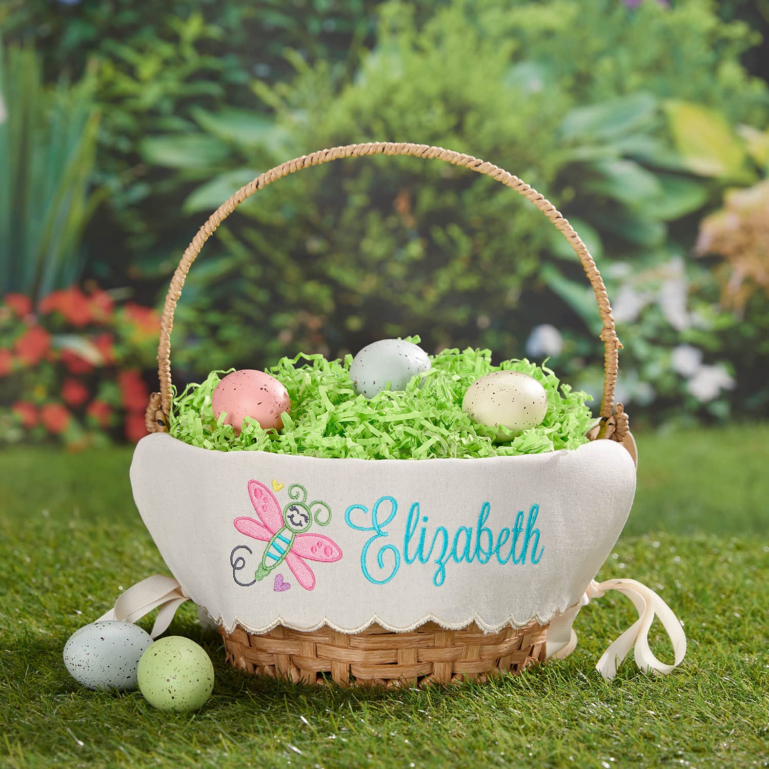 Dragonfly Personalized Easter Egg Basket with Handle and Custom Name | Scallop Edge Linen Easter Basket Liners | Tan Basket | Woven Easter Baskets for Kids | Customized Easter Basket