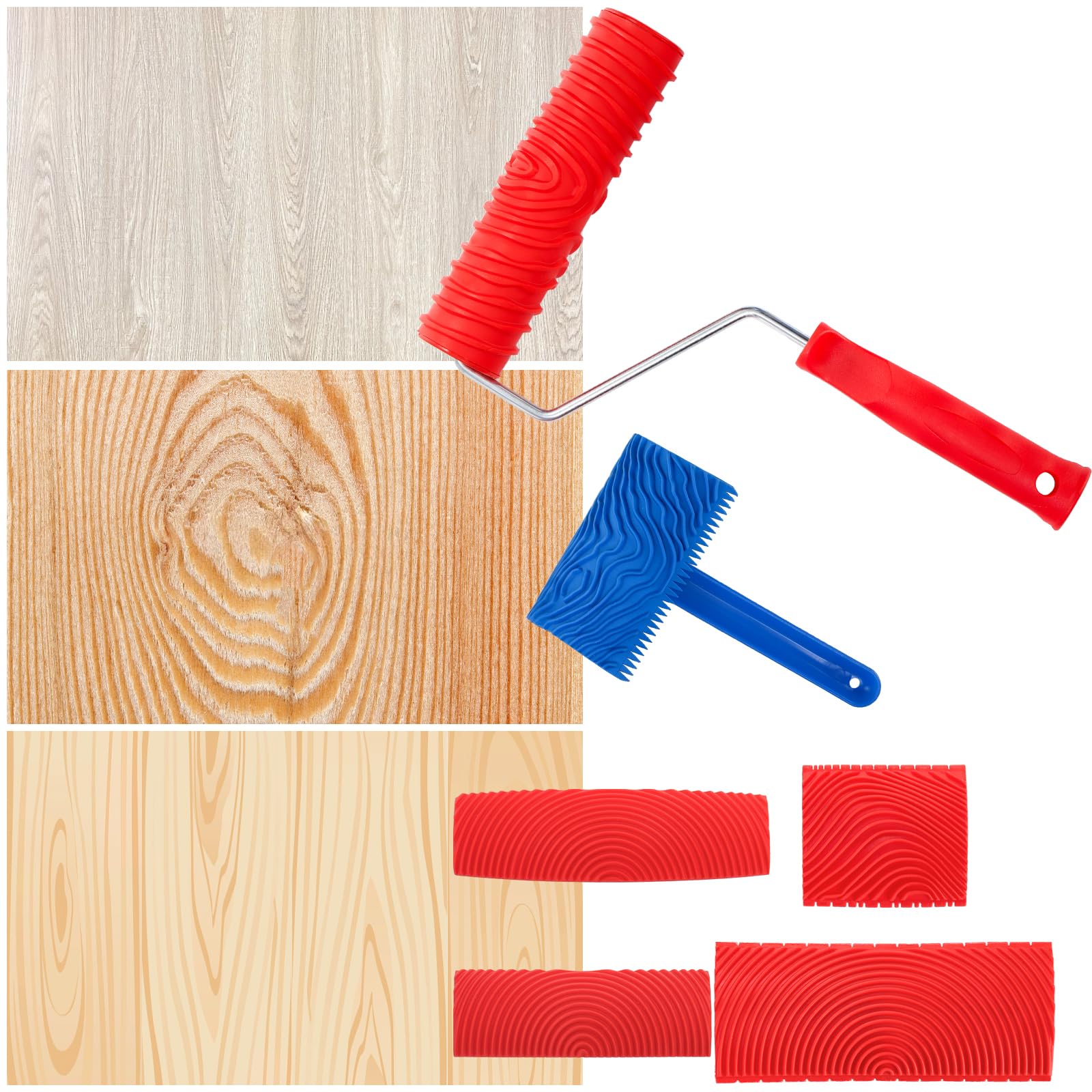 DEAYOU 6 Pack Wood Grain Tool Set, 7" Faux Wood Graining Roller, DIY Rubber Wood Pattern Paint Tool with Handle for Wall Art Painting Room Decoration