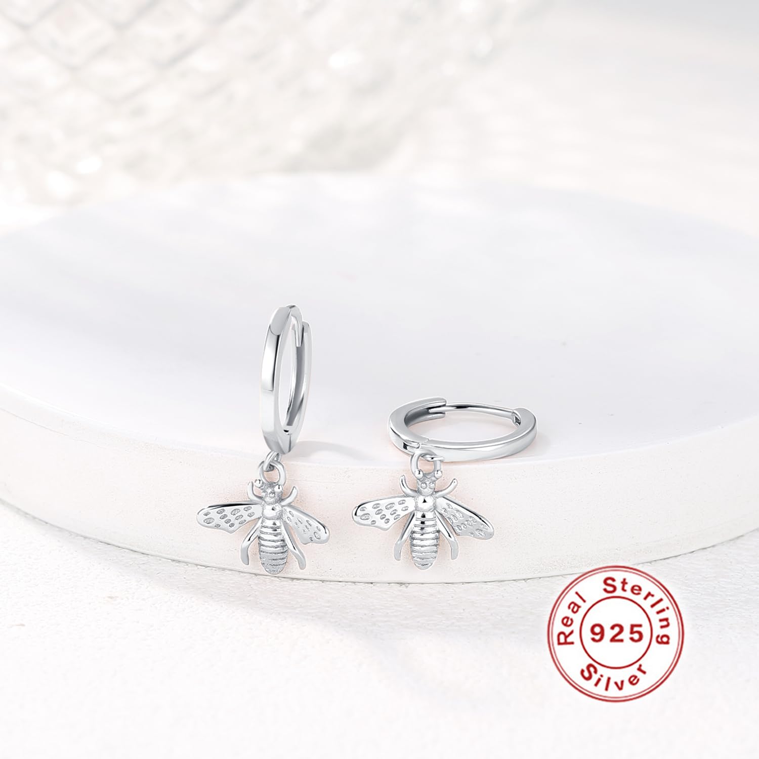 Bee Hoop Earrings Dangle for Women - Small Drop Huggie Hoop Earrings with Bee Charm in Sterling Silver for Her