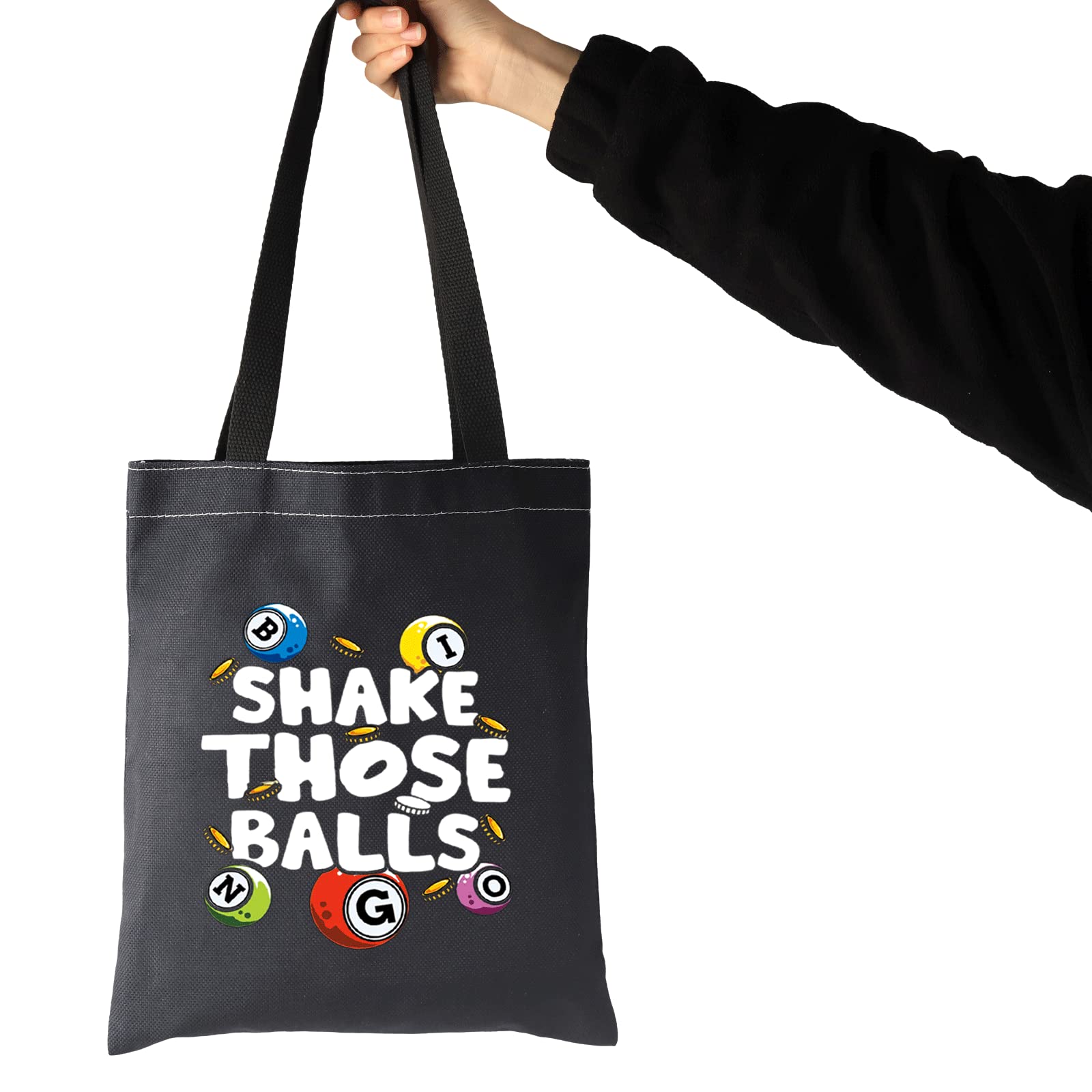 JXGZSO Bingo Gambler Gift Shake Those Balls Tote Bag Lucky Bingo Pouch Bag Bingo Game Lover Gift (Shake those balls shopping black)