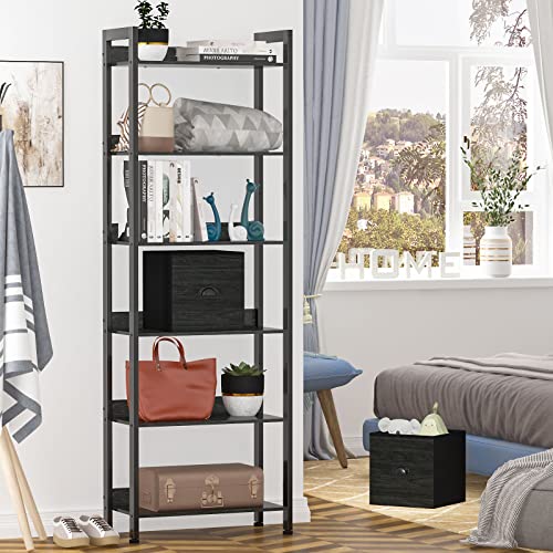 Furologee 6-Tier Bookshelf, Tall Bookcase with 2 Drawers Storage Organizer, Industrial Display Free Standing Shelf Units, Wood and Metal Storage Rack for Home Office, Bedroom, Black Oak