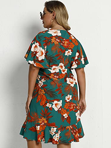 Floerns Women's Plus Size Striped Print Wrap V Neck Short Sleeve A Line Dress Green Multi 1XL