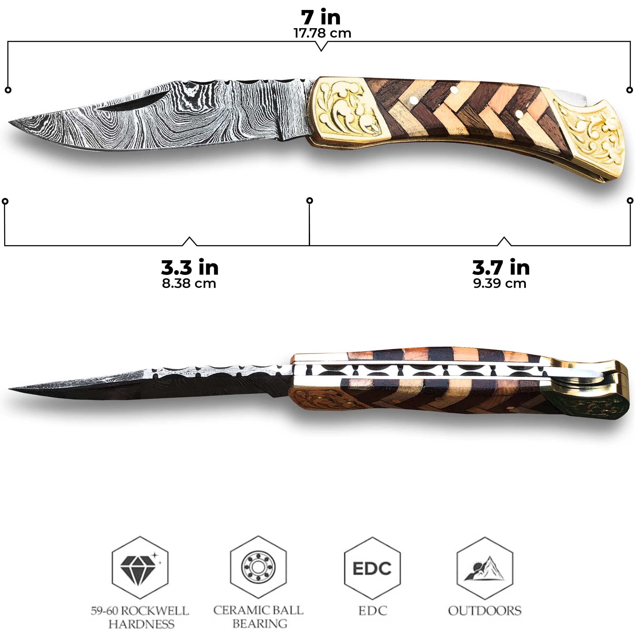 WARLOCKS CLUB Handmade Damascus Pocket Knife with Sheath, 7" Folding Hunting Knife with Wood Handle, Small Camping Knife for Outdoor
