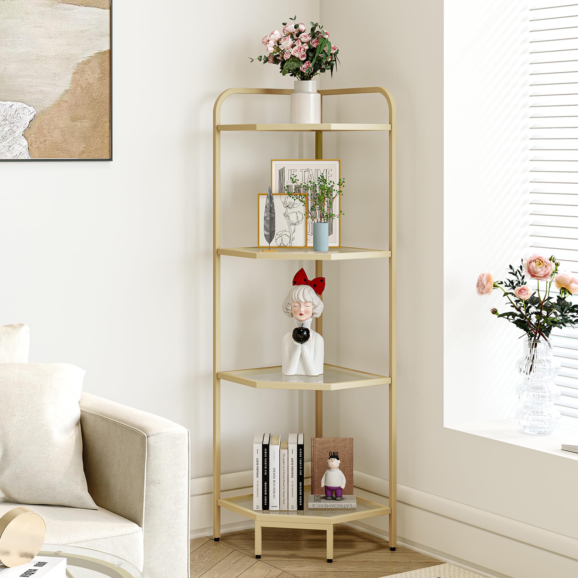 Hzuaneri Corner Shelf Stand, Glass Bookshelf Bookcase, Bathroom Organizer, Plant Stand, Steel Frame, Tempered Glass, Modern Style for Living Room, Bathroom, Kitchen, 4-Tier Golden CS90400G