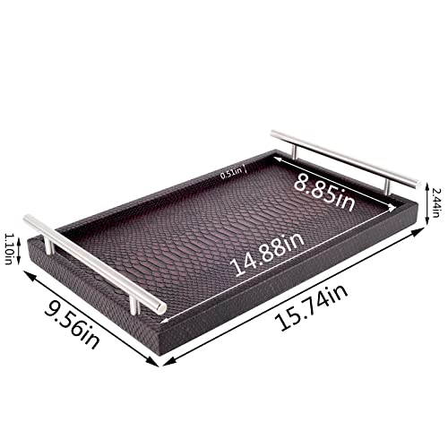 Faux Leather Rectangle Serving Tray with Polished Silver Metal Handle for Coffee Table,Cup,Fruit,Food Tidy Up Container,Console Table Living Room Kitchen Serve Tray,Home Decoration Tray (Brown)