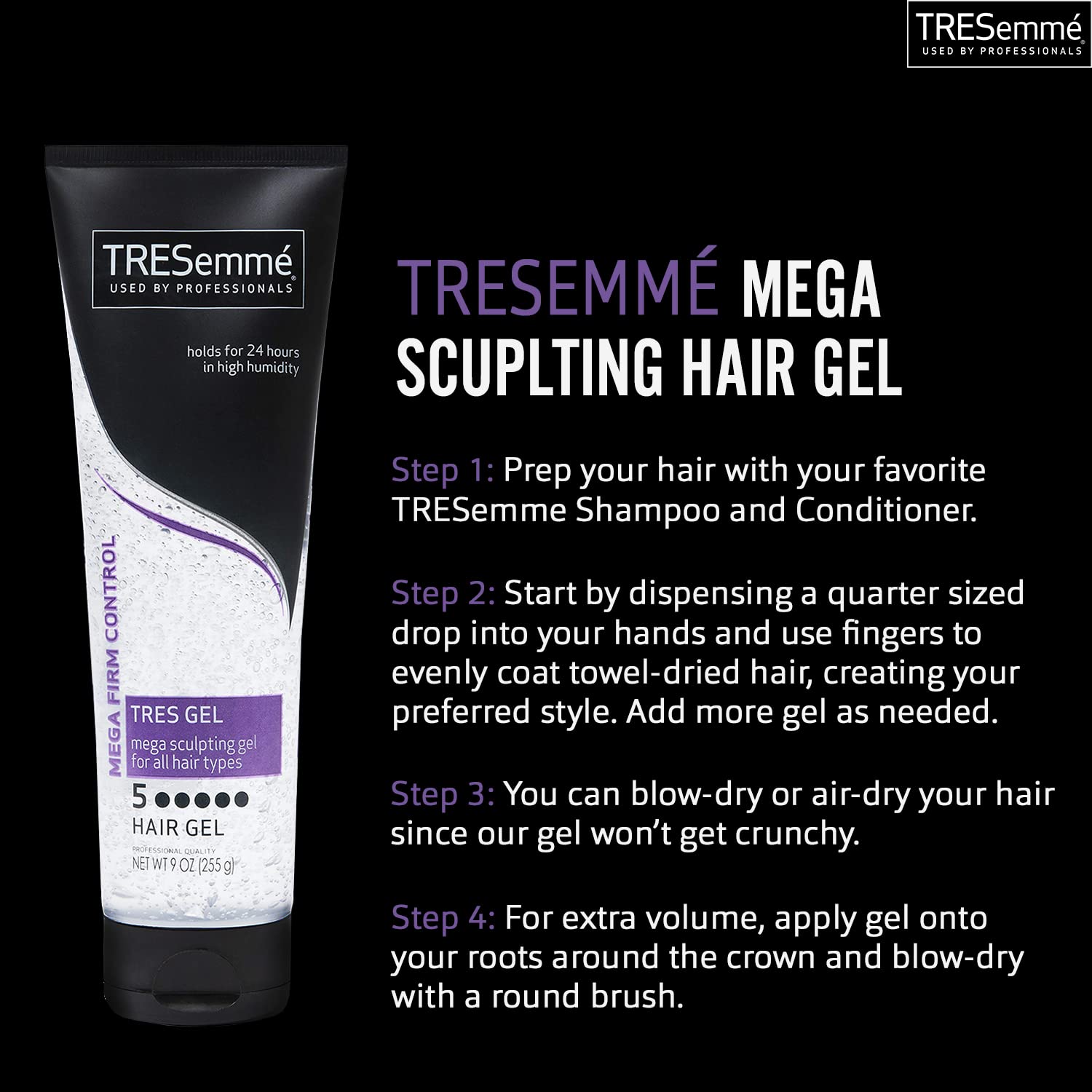 TRESemme Hair Gel, Mega Sculpting Hold for Edge Control, Frizz Control and Curly Hair with Coconut Oil, 9 Ounce (Pack of 4)