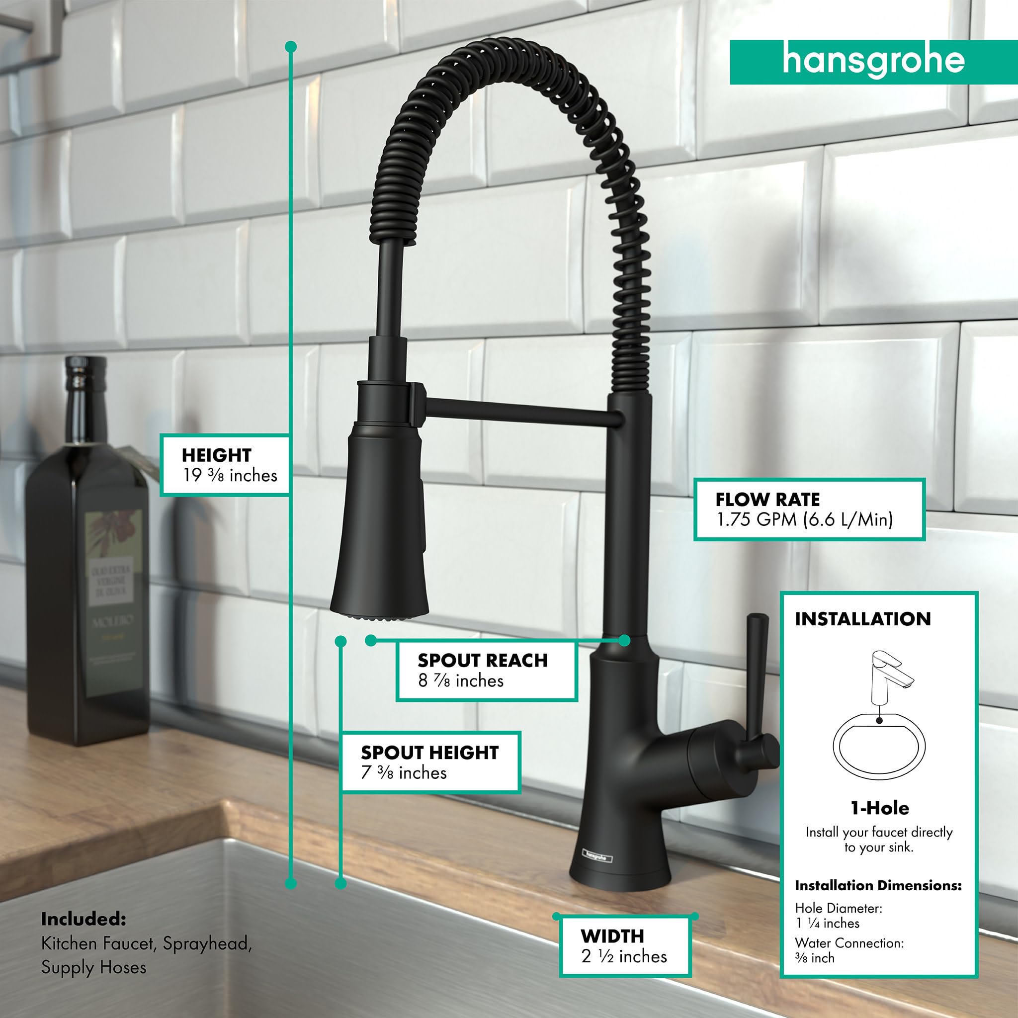 hansgrohe Joleena Black Commercial Kitchen Faucet, Kitchen Faucets with Pull Down Sprayer, Faucet for Kitchen Sink, Matte Black 04792670, 19.3-Inches Tall