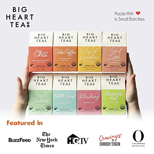 Big Heart Tea Co. Tea Bags Sampler Set - Certified Organic, Ayurvedic Herbal Tea - Small Batch Ground Herbs, Florals, Spices in Zero Plastic Sachets - Healthy Tea Variety Pack - 8 Flavors, 16 Pack