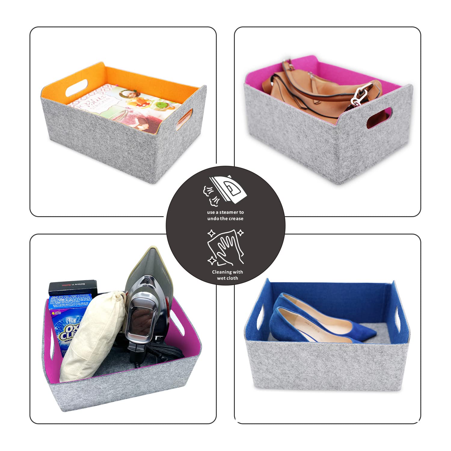 Welaxy storage baskets Felt Foldable Cube bin Shelf Bins Organizer Felt box for Kids Toys Magazine Books Clothes for Office Bedroom Closet Babies Nursery (green + Hot pink + Classic Blue)