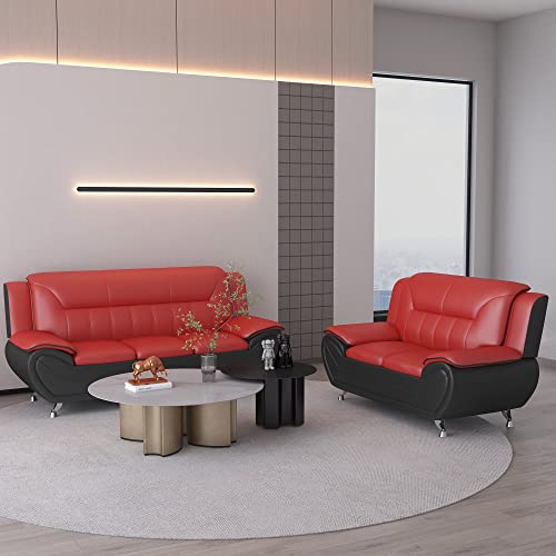 Container Furniture Direct Modern Style Faux Leather Sofa with Extra Comfortable Pillow Top Armrests Ideal for Living Room, Bedroom or Home Office Couch, 79.2ββ Wide, red/Black