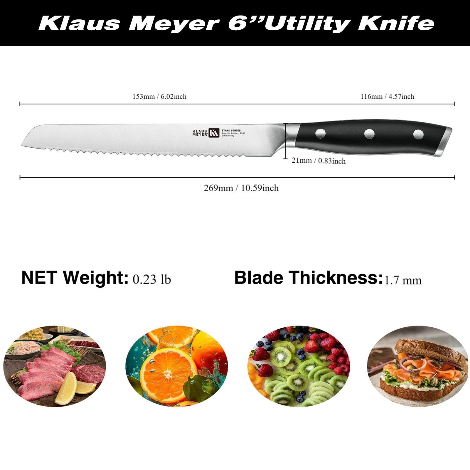 Klaus Meyer Stahl High Carbon Exclusive German Steel 6 inch Utility Serrated Knife (Black)