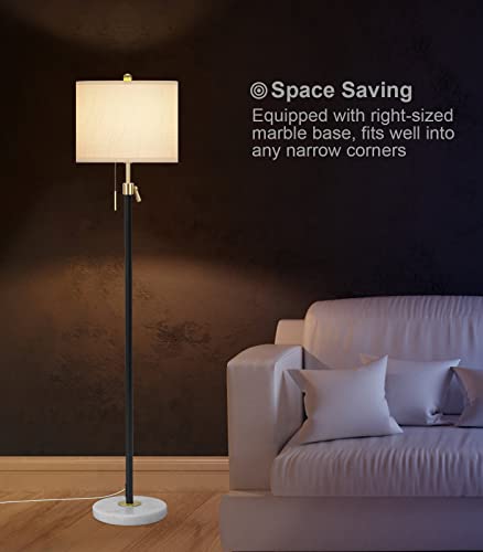 Floor Lamp for Living Room Adjustable Tall Standing Lamp, 3-Way Dimmable Floor Lamp for Bedroom Office, Black Gold Lamp with Marble Base and White Linen Shade, 6W 3000K LED Blub Included